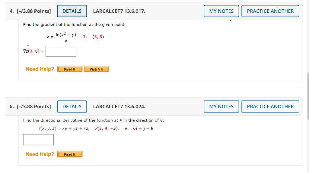Solved /3.88 Points] LARCALCET7 13.6.017. Find the gradient | Chegg.com