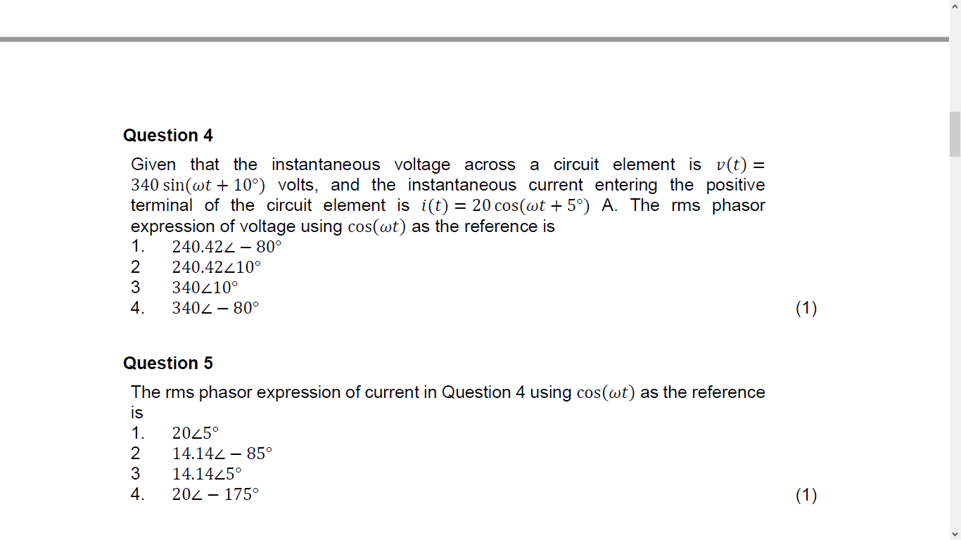 Solved Question 3 A sinusoidal current i(t) = Imax cos(wt + | Chegg.com