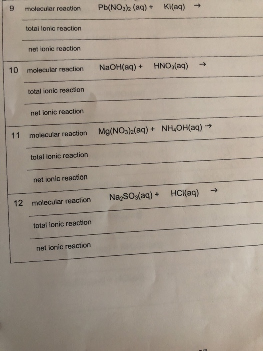 Solved 9 molecular reaction Pb(NO3)2 (aq)+KI(aq) > total | Chegg.com