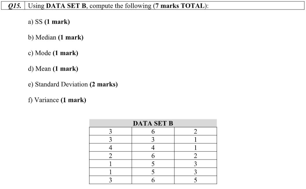 Solved 015. Using DATA SET B, compute the following (7 marks | Chegg.com