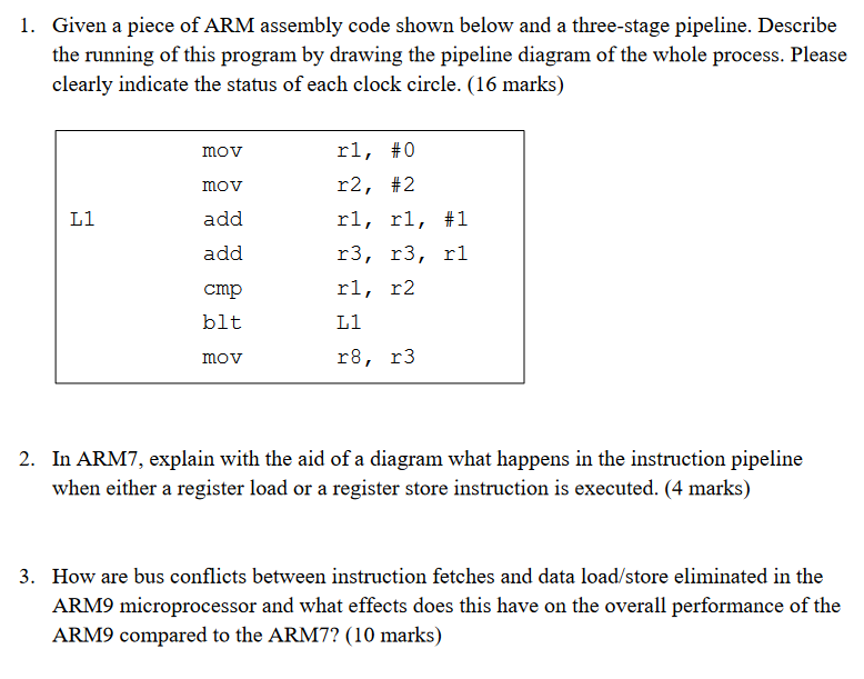 Solved 1. Given a piece of ARM assembly code shown below and | Chegg.com