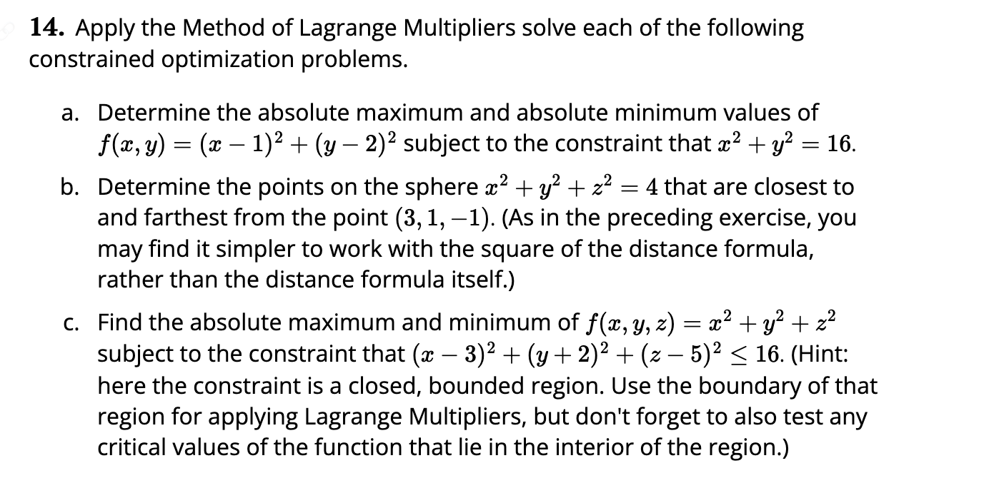 Solved 14. Apply the Method of Lagrange Multipliers solve | Chegg.com