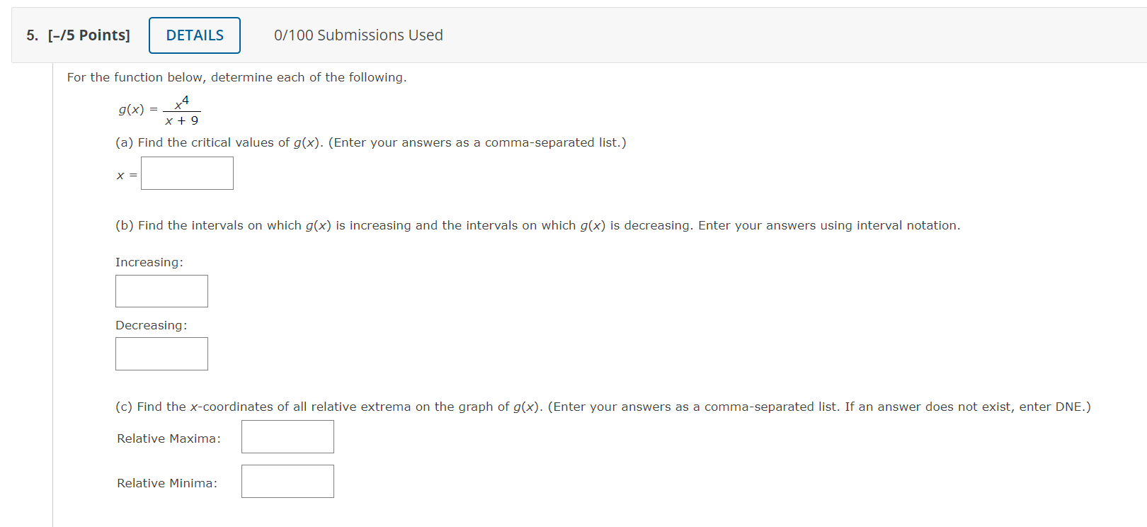 Solved 5. [-/5 Points] DETAILS 0/100 Submissions Used For | Chegg.com