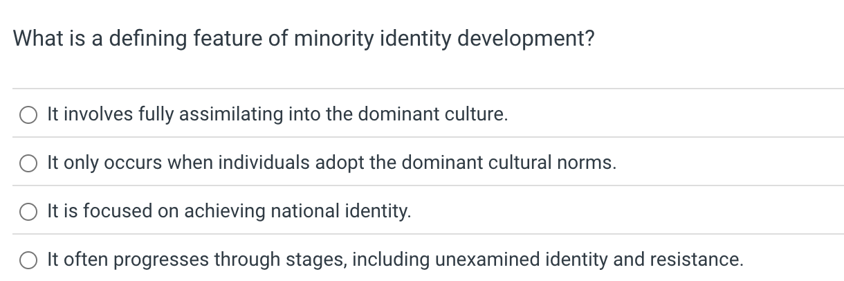 Solved What is a defining feature of minority identity | Chegg.com