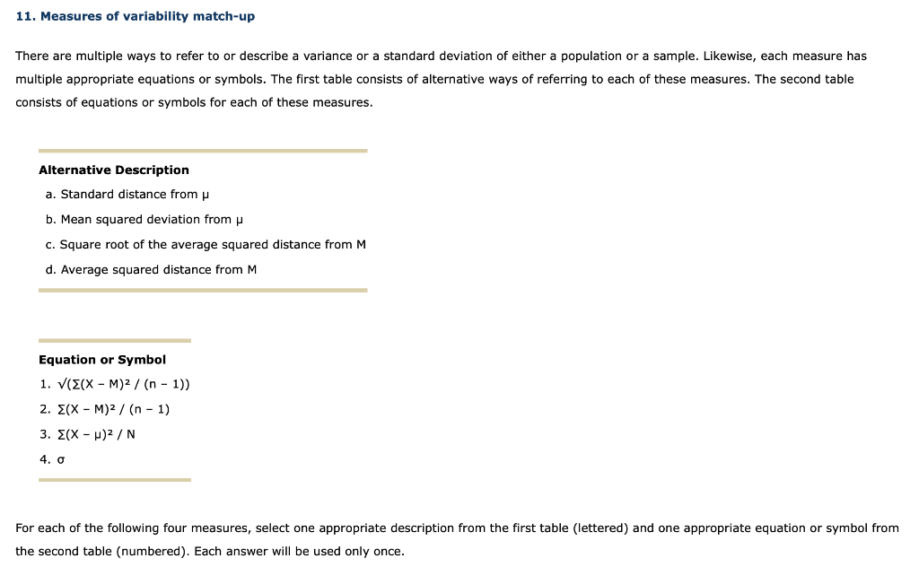 Solved 11. Measures of variability match-up There are | Chegg.com