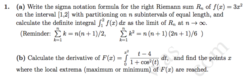 Solved 1. (a) Write the sigma notation formula for the right | Chegg.com