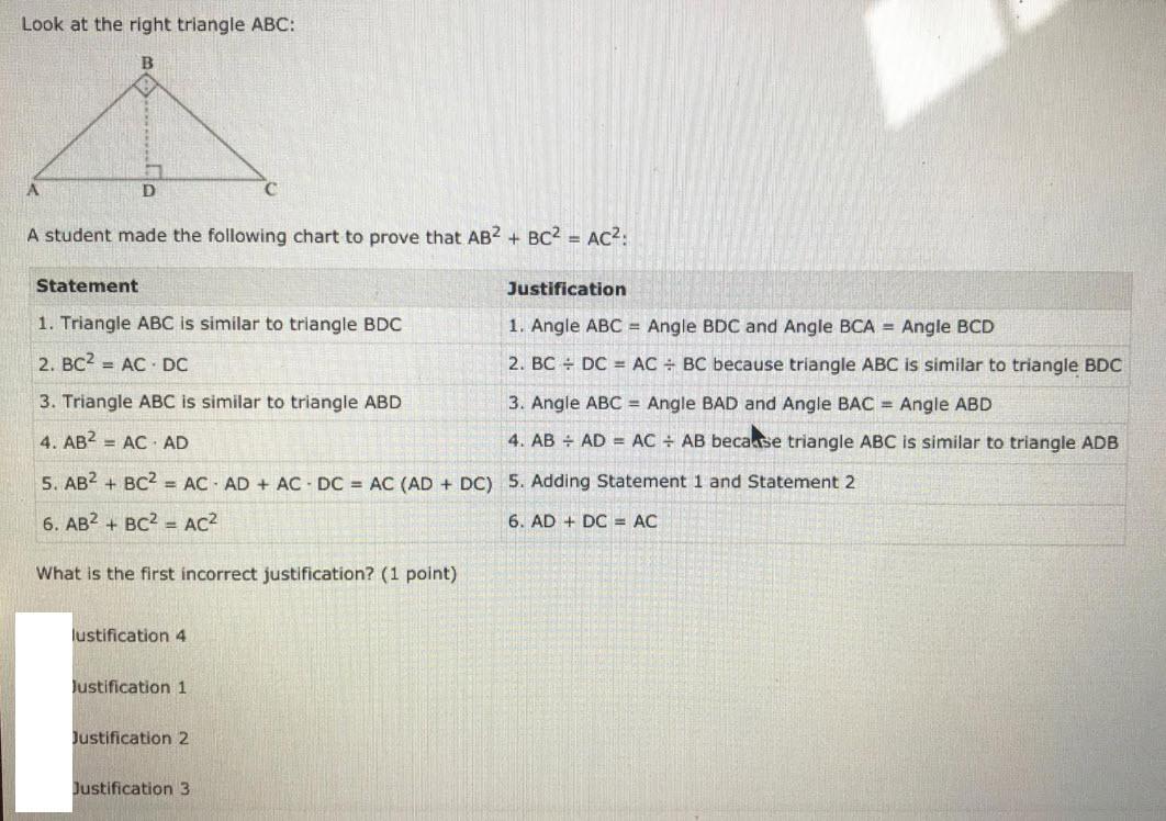 Solved Look at the right triangle ABC: A D A student made | Chegg.com