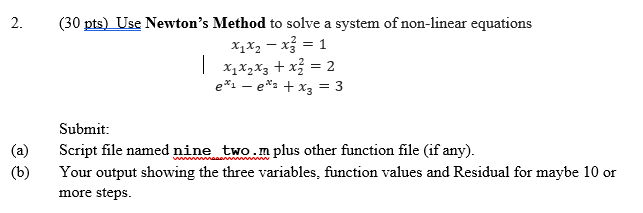 Solved 2. (30 pts. Use Newton's Method to solve a system of | Chegg.com