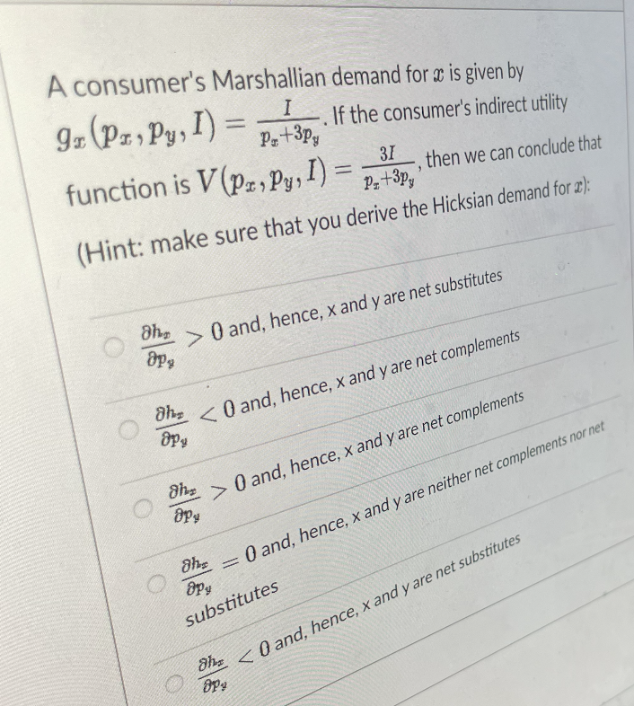 Solved A consumer's Marshallian demand for x is given by | Chegg.com