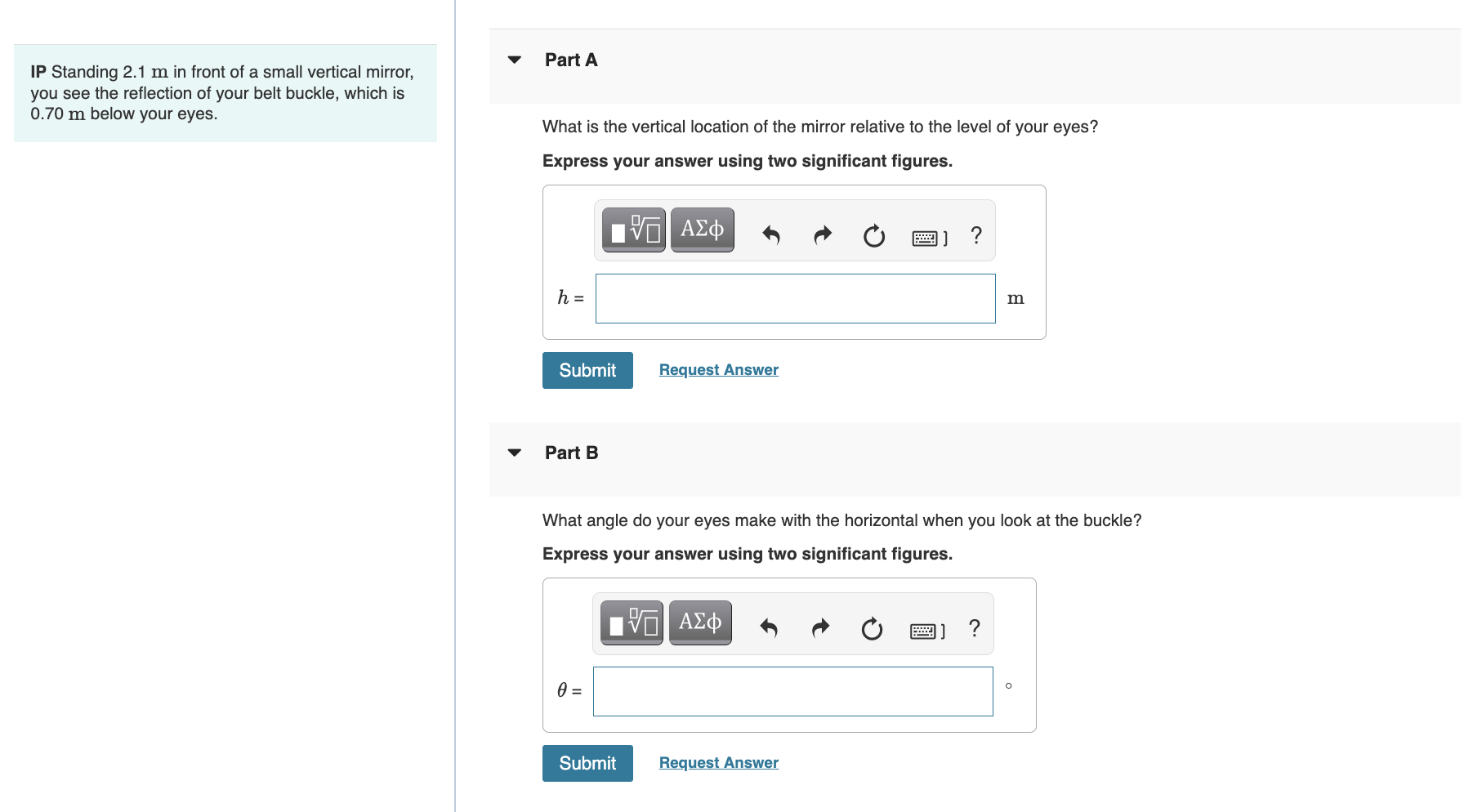 Solved IP Standing 2.1 m in front of a small vertical | Chegg.com