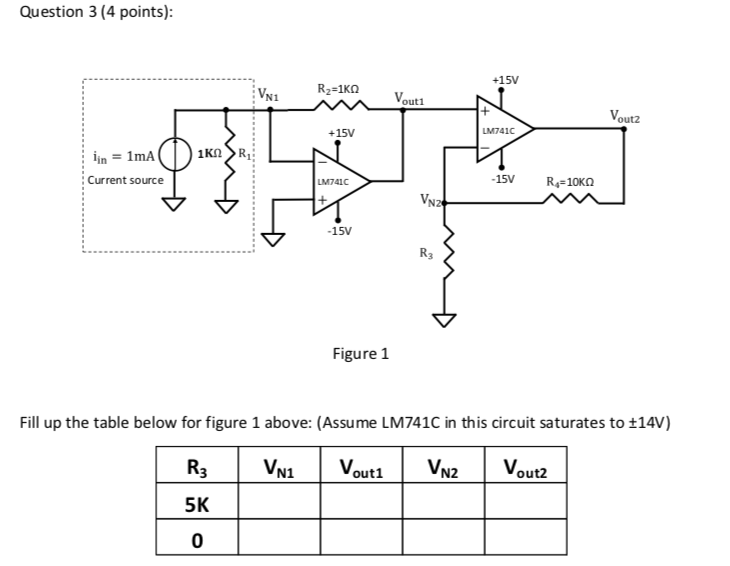 Solved Question 3 (4 points) +15V outi out2 +15V LM741C in | Chegg.com
