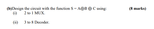 Solved (b)Design the circuit with the function S=A⊕B⊕C | Chegg.com