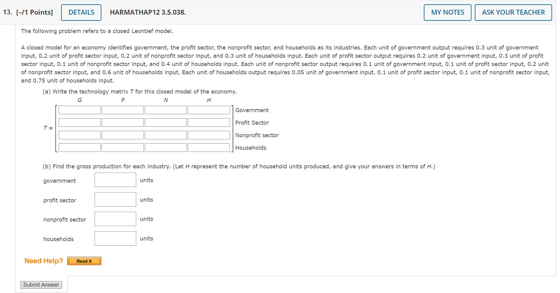 Solved and 0.75 unit of households input. (b) Find the gross | Chegg.com