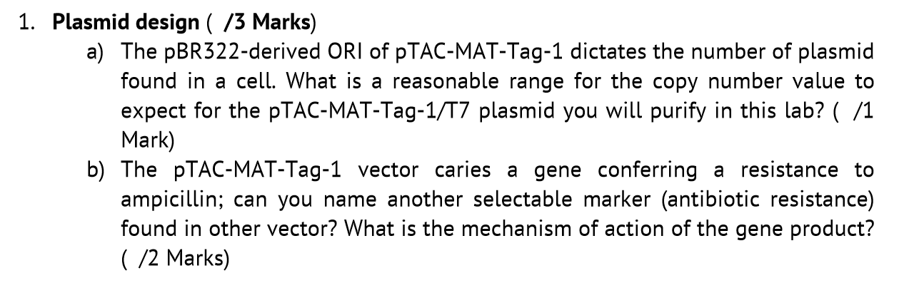 Solved Plasmid design ( /3 Marks) a) The pBR322-derived | Chegg.com