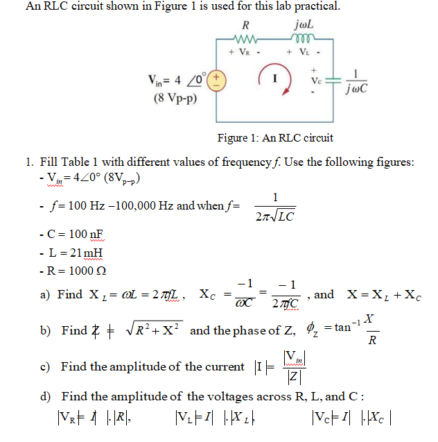Solved An RLC circuit shown in Figure 1 is used for this lab | Chegg.com