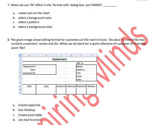 Solved 7. When we use "fill' effect in the format cells' | Chegg.com