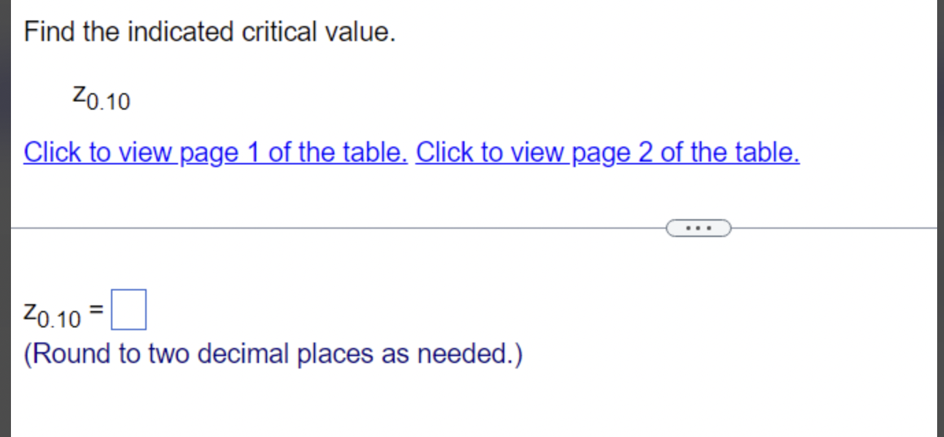 Solved Find the indicated critical value. z0.10 Click to | Chegg.com