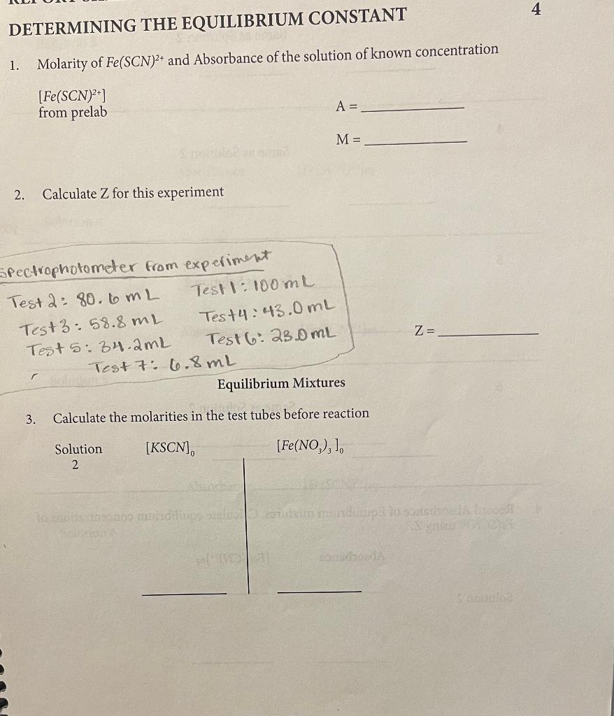 4 DETERMINING THE EQUILIBRIUM CONSTANT 1. Molarity of | Chegg.com