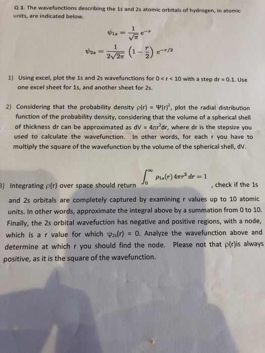 Q 1. The wavefunctions describing the 1s and 2s | Chegg.com