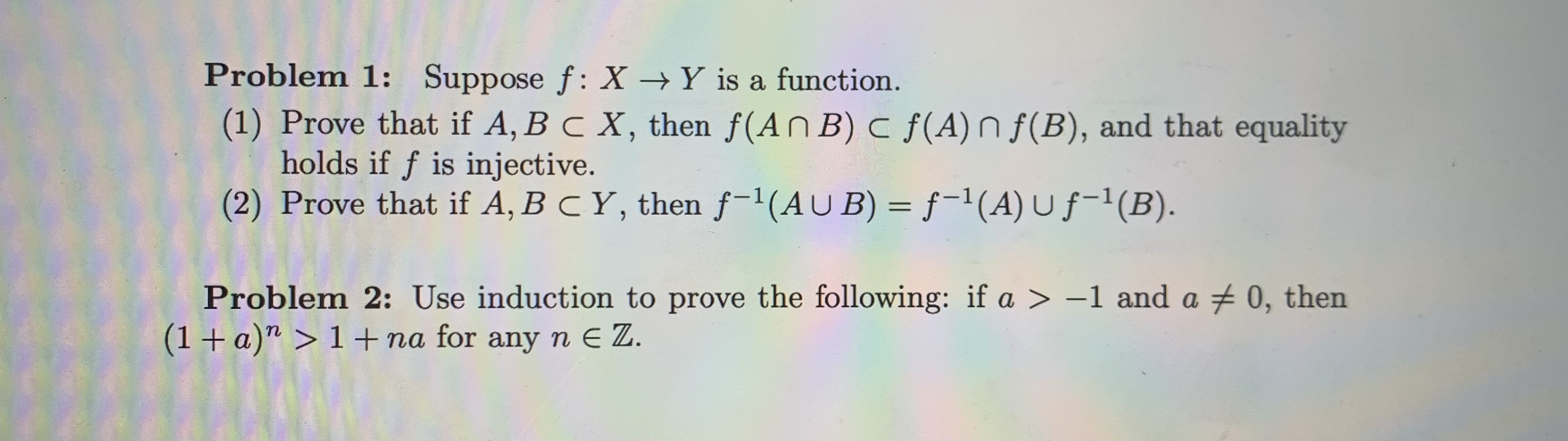 Solved Problem 1: Suppose f:X→Y is a function. (1) Prove | Chegg.com