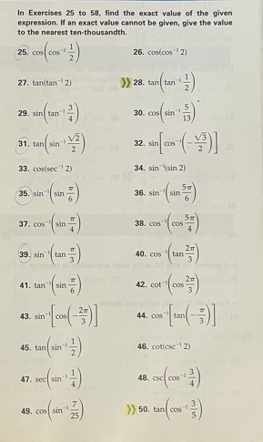 Solved In Exercises 25 to 58 , find the exact value of the | Chegg.com