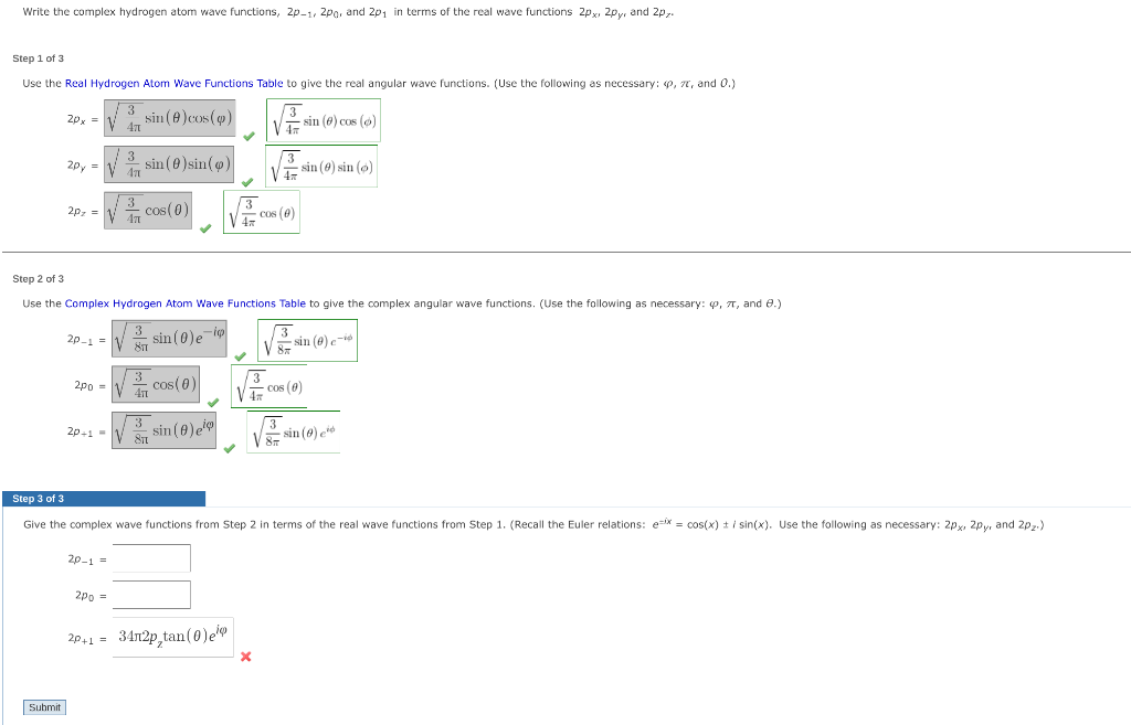 Solved Write The Complex Hydrogen Atom Wave Functions 2p 1