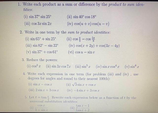 Solved 1. Write each product as a sum or difference by the | Chegg.com