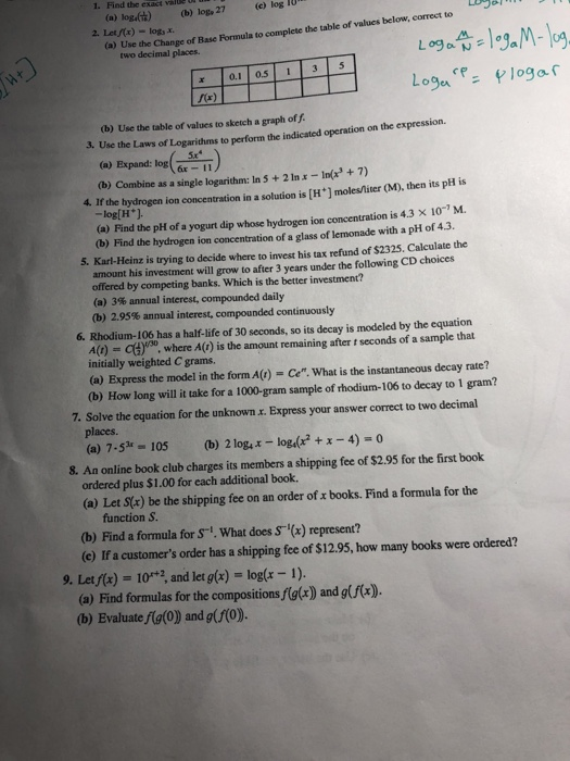 Solved 1. Find the exact value 0 (a) logdt) (b) log, 27(c) | Chegg.com