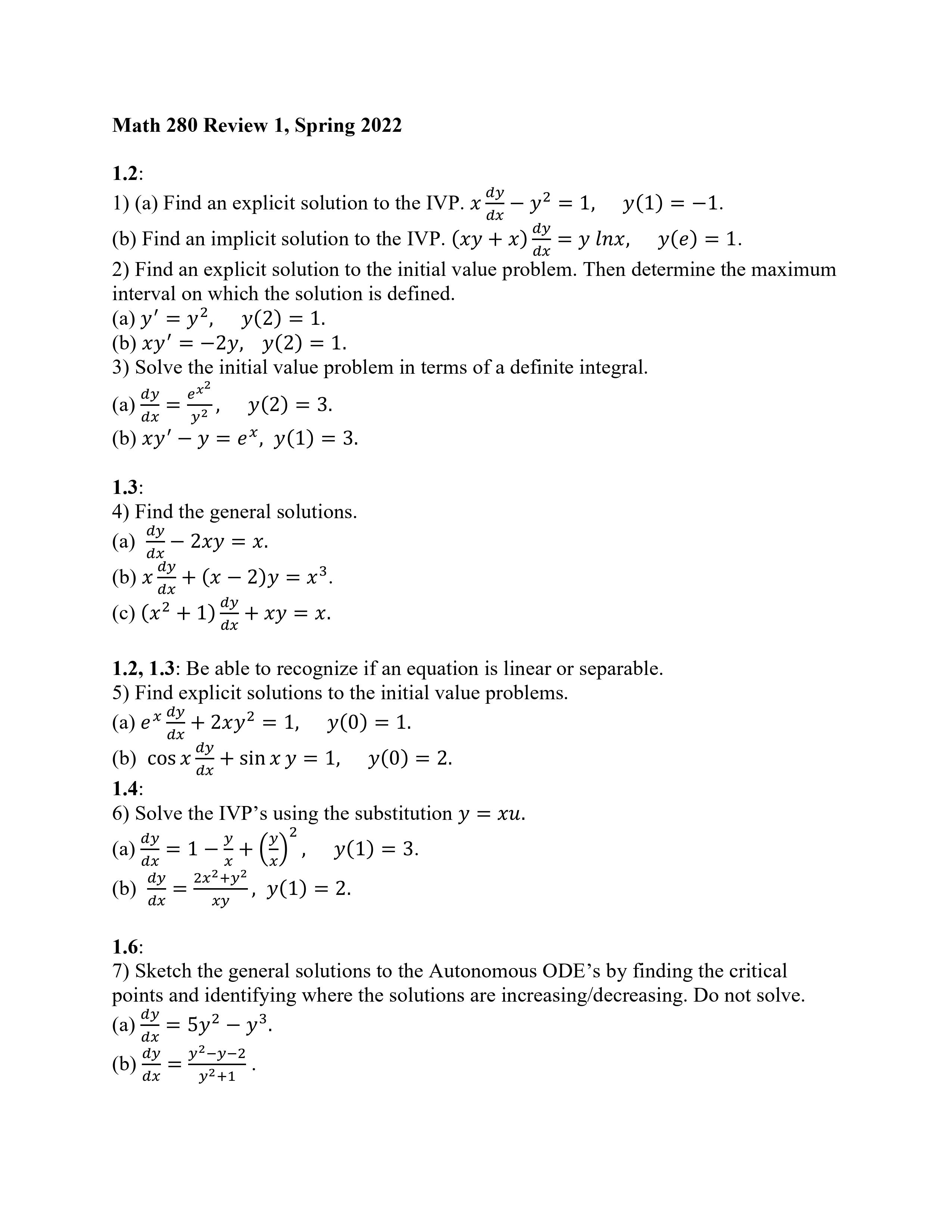 Solved Math 280 Review 1, Spring 2022 dy х dx = dx 1.2: 1) | Chegg.com