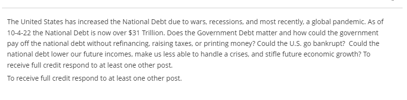 Solved The United States has increased the National Debt due | Chegg.com