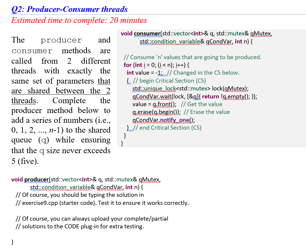 Q2: Producer-Consumer threads Estimated time to | Chegg.com