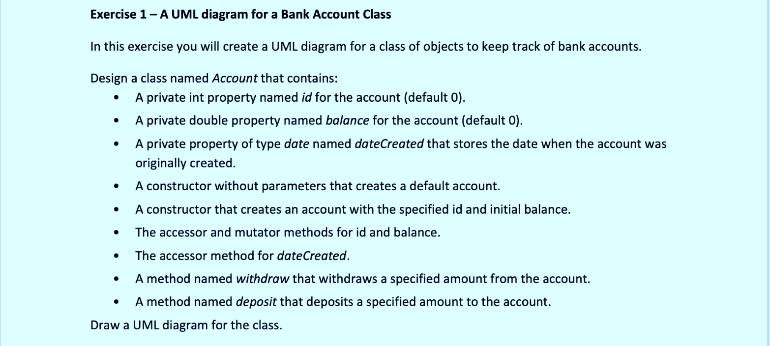 Solved Exercise 1-A UML diagram for a Bank Account Class In | Chegg.com