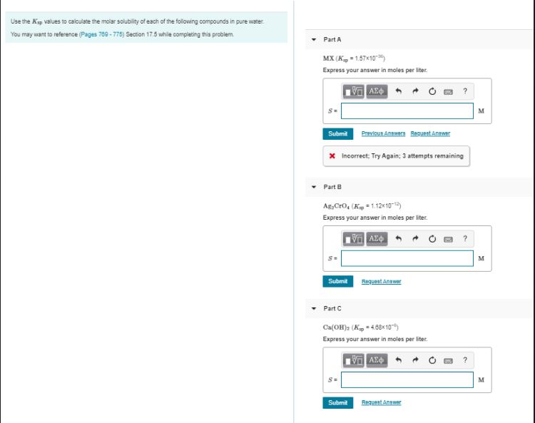 Solved Use the values to calculate the molar solubility of | Chegg.com