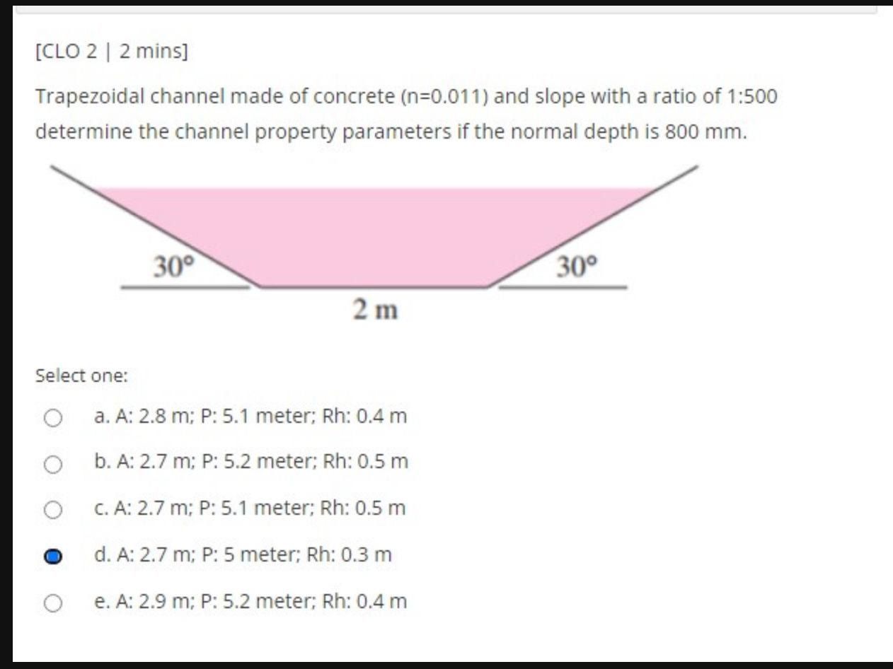 Solved Trapezoidal channel made of concrete (n=0.011) and | Chegg.com