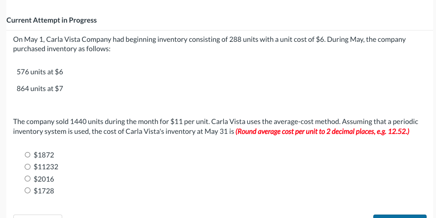 Solved Current Attempt in ProgressOn May 1, ﻿Carla Vista | Chegg.com