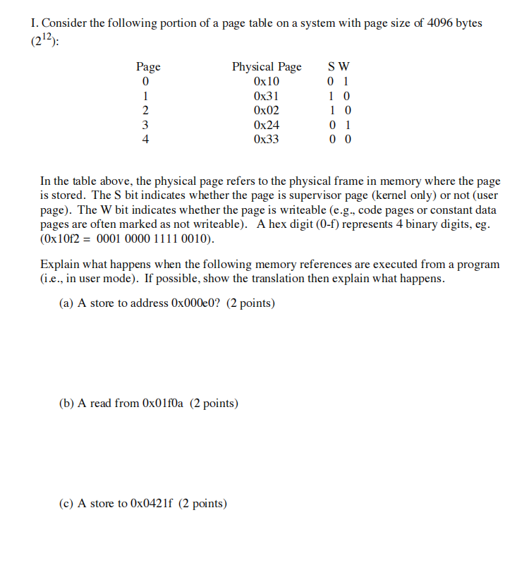 Solved I. Consider the following portion of a page table on | Chegg.com