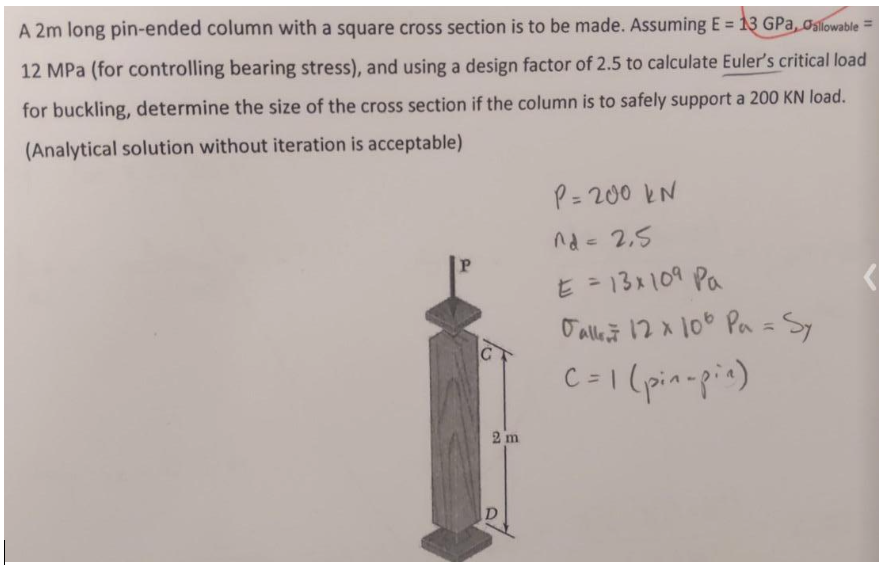 Solved A 2m long pin-ended column with a square cross | Chegg.com