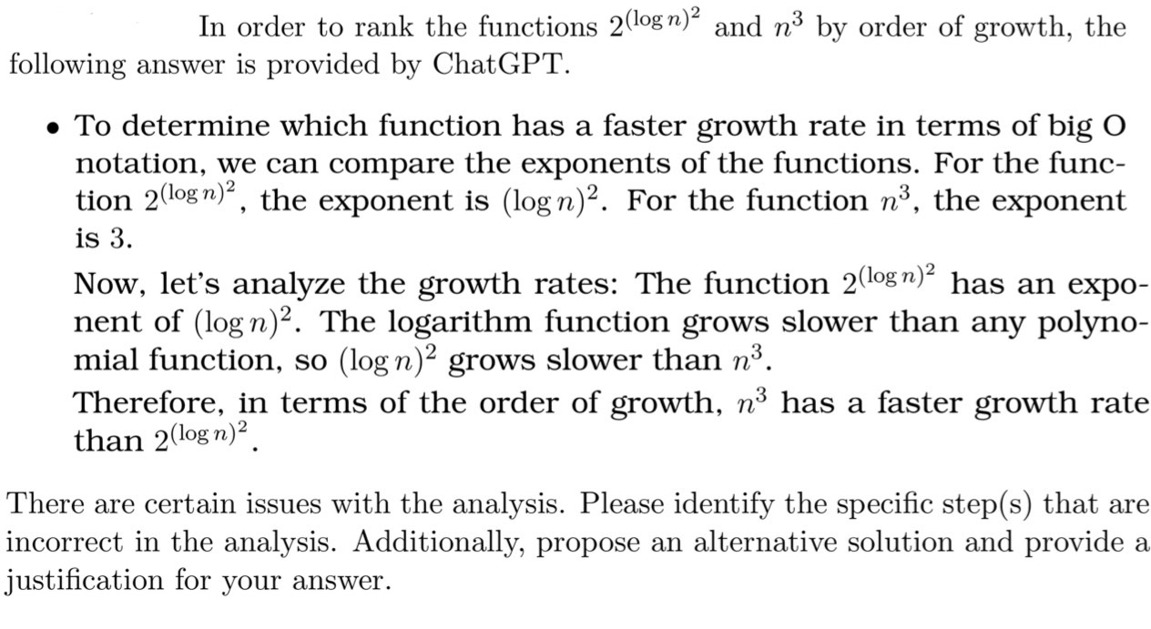 Solved In order to rank the functions 2(logn)2 and n3 by | Chegg.com