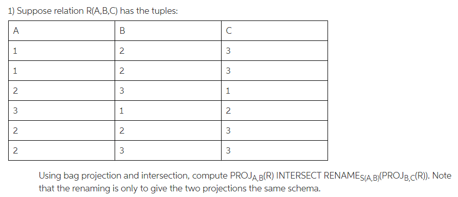 Solved 1) Suppose relation R(A,B,C) has the tuples: 2 2 :3 2 | Chegg.com Solved 1) Suppose relation R(A,B,C) has the tuples: 2 2 :3 2 | Chegg.com