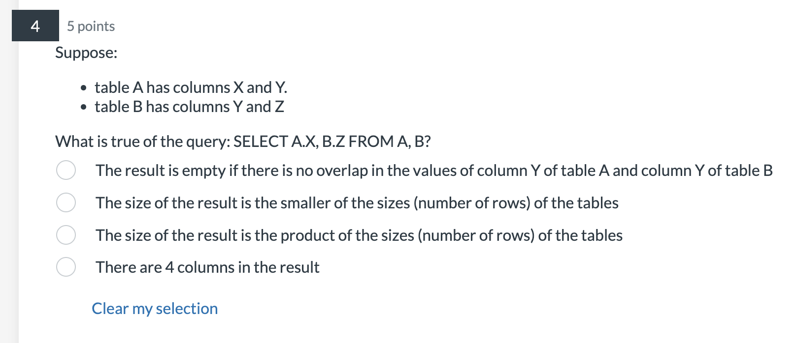 Solved 5 points Suppose: - table A has columns X and Y. - | Chegg.com