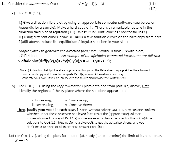 Solved Consider the autonomous ODE: y′=(y−1)(y−3) a) For_ODE | Chegg.com