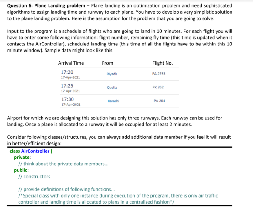 Solved Question 6: Plane Landing problem - Plane landing is | Chegg.com