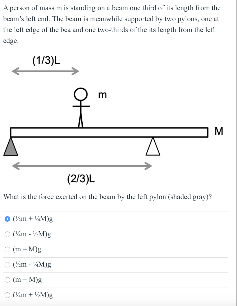 Solved A person of mass m is standing on a beam one third of | Chegg.com