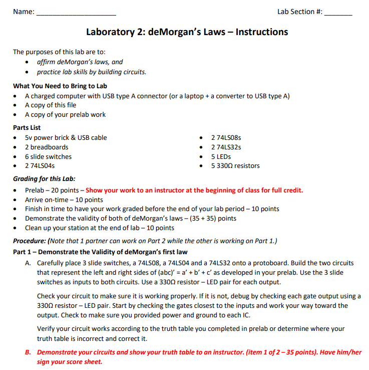Name: Lab Section #: Laboratory 2: de Morgan's Laws - | Chegg.com