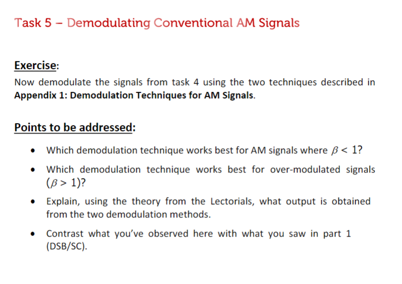 Task 5 - Demodulating Conventional AM Signals | Chegg.com