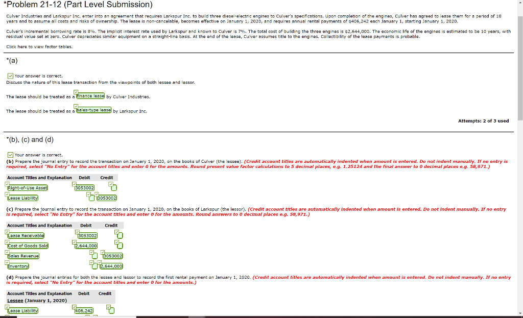 Solved * Problem 21-12 (Part Level Submission) Culver | Chegg.com
