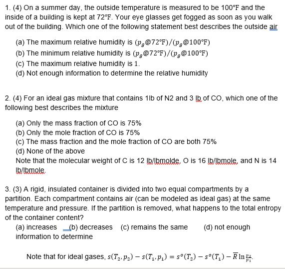 Solved 1.(4) On a summer day, the outside temperature is | Chegg.com