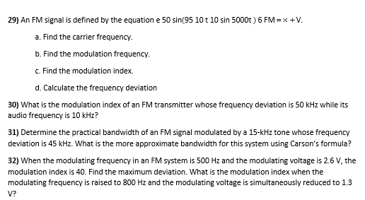 Solved 29) An FM signal is defined by the equation e 50 | Chegg.com