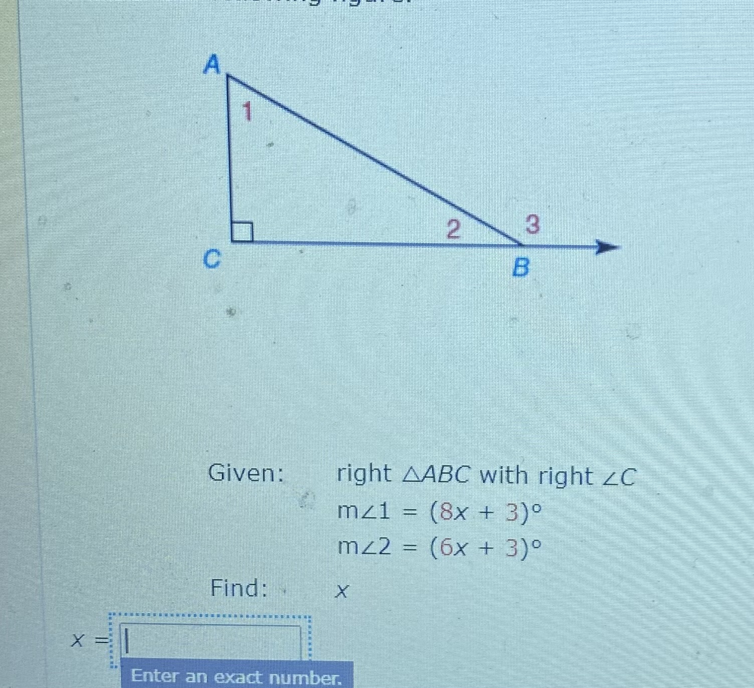 Solved Given: right ABC with m∠1=(8x+3)∘m∠2=(6x+3)∘ | Chegg.com