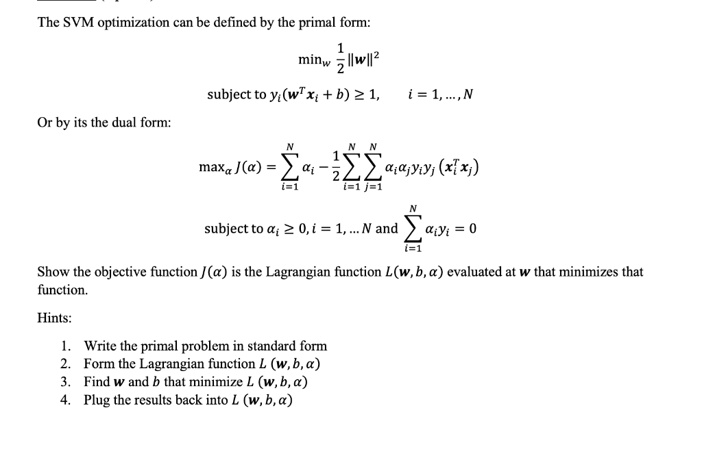 Solved The SVM optimization can be defined by the primal | Chegg.com